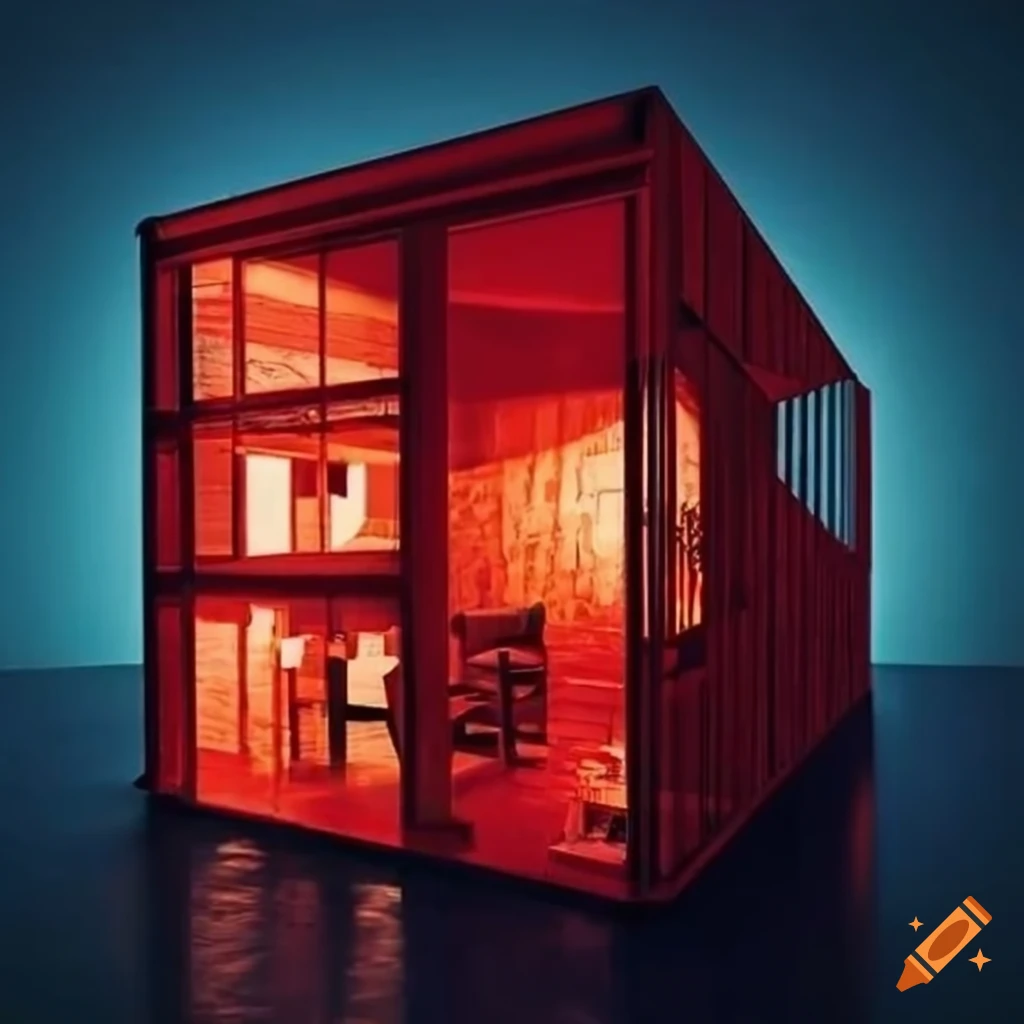 Contenedor arquitectónico tipp casa rojo iluminado visto de afuera y ...