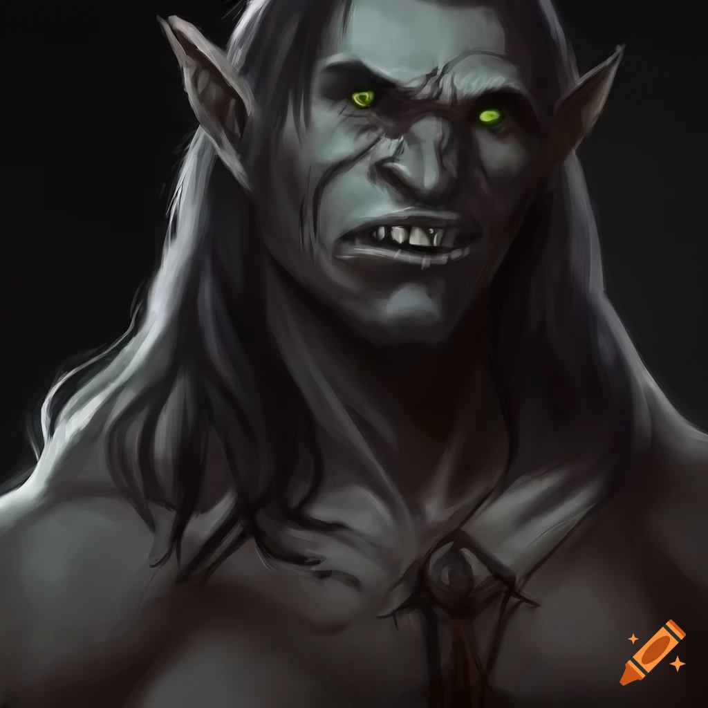 Portrait of a male Half-Orc half-human, dark gray skin ,long dark hair ...