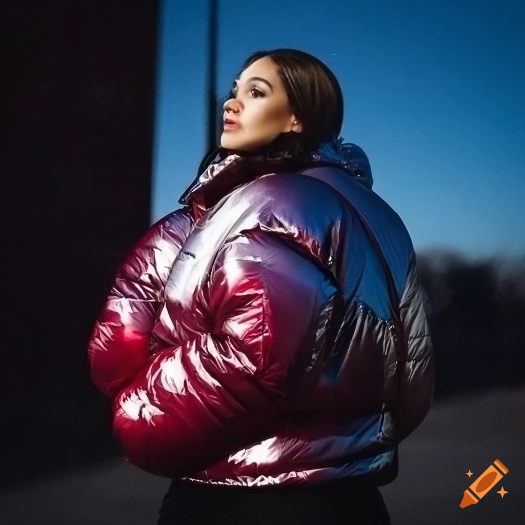 A woman wearing a giant shiny round puffer jacket with many round ...