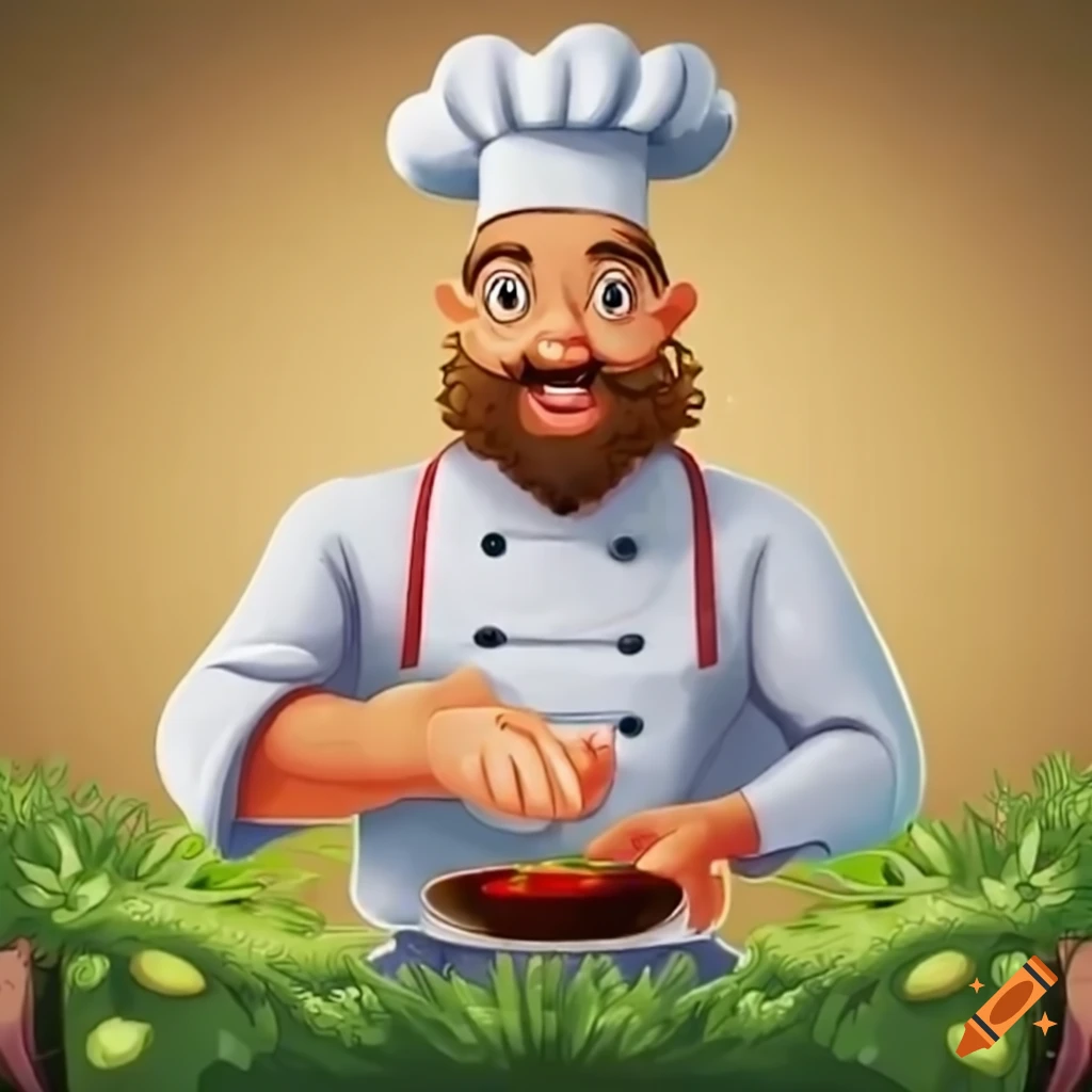 Cartoon chef cooking in de garden on Craiyon