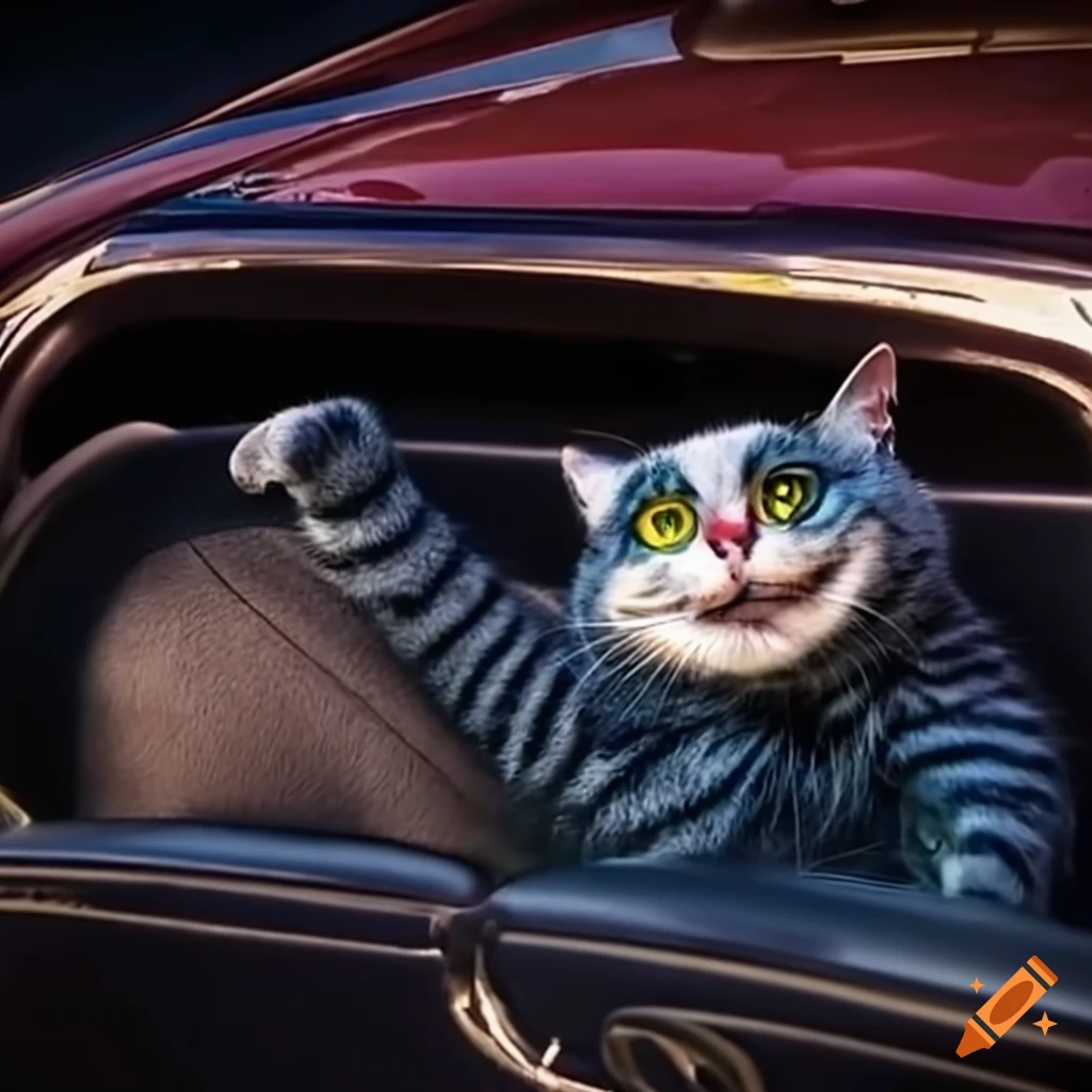 Smiling cheshire cat driving a convertible car
