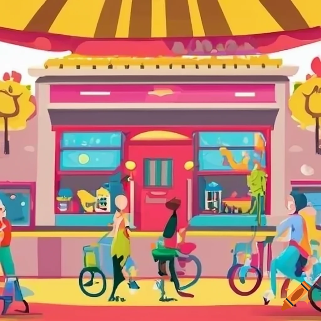 In cartoon style a busy shopping mall with bright stores and happy ...