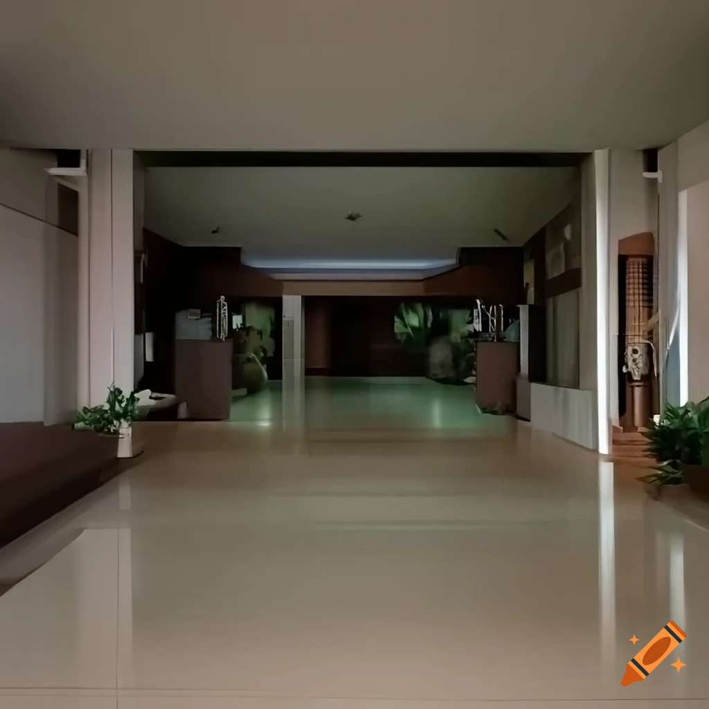 1980s liminal space lobby with plants on Craiyon