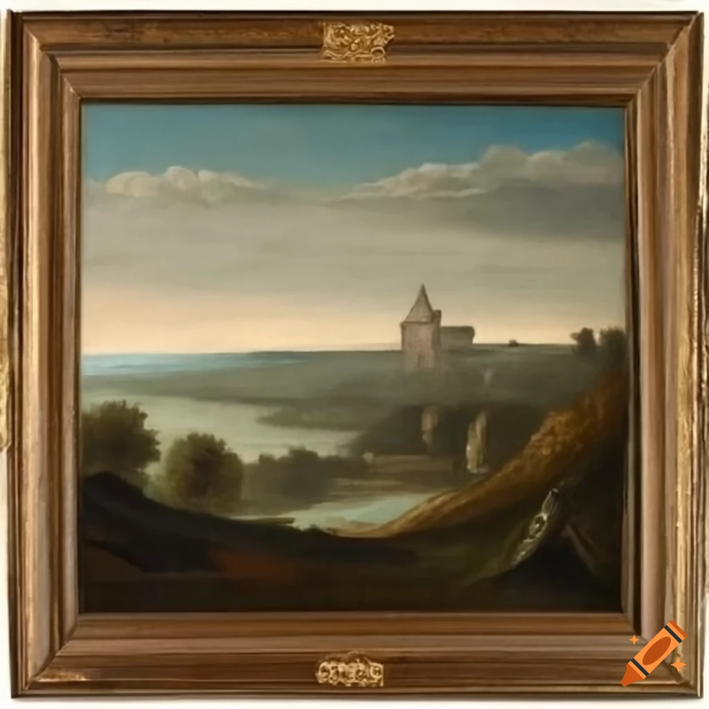 Framed renaissance painting of a landscape with road, trees and distant ...