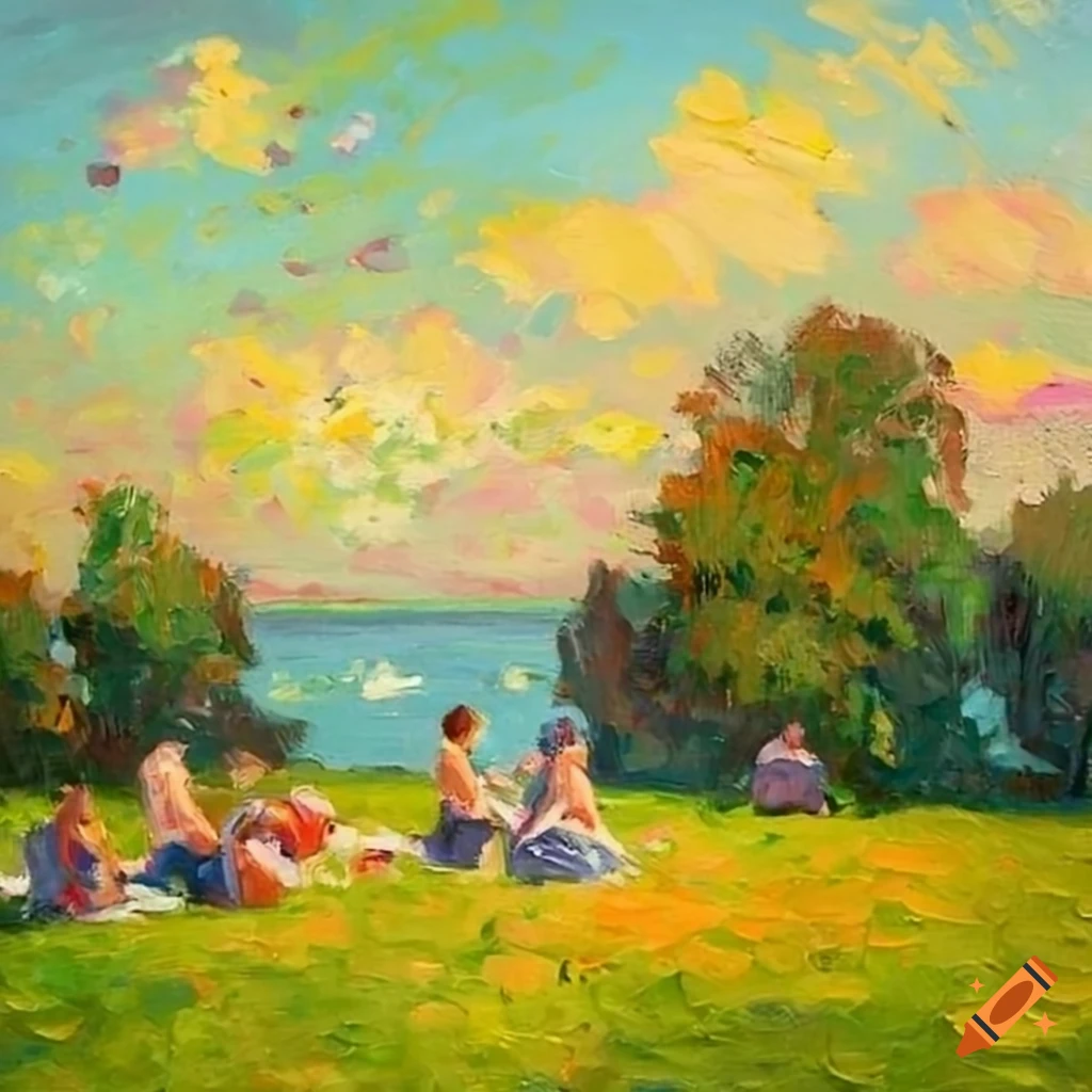 Impressionist painting of people enjoying a summer day outside in a ...