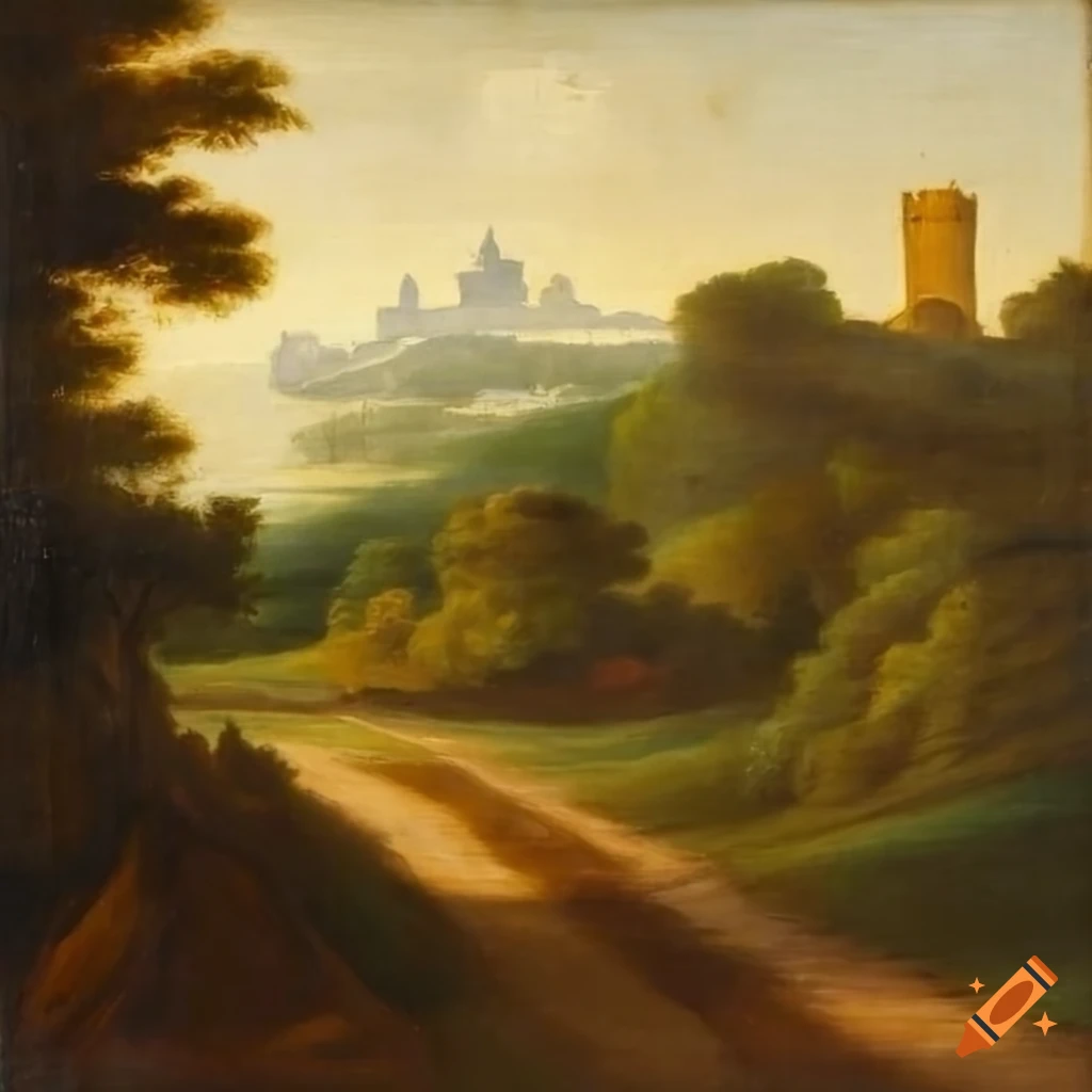 Renaissance painting of a landscape with road, trees and distant castle
