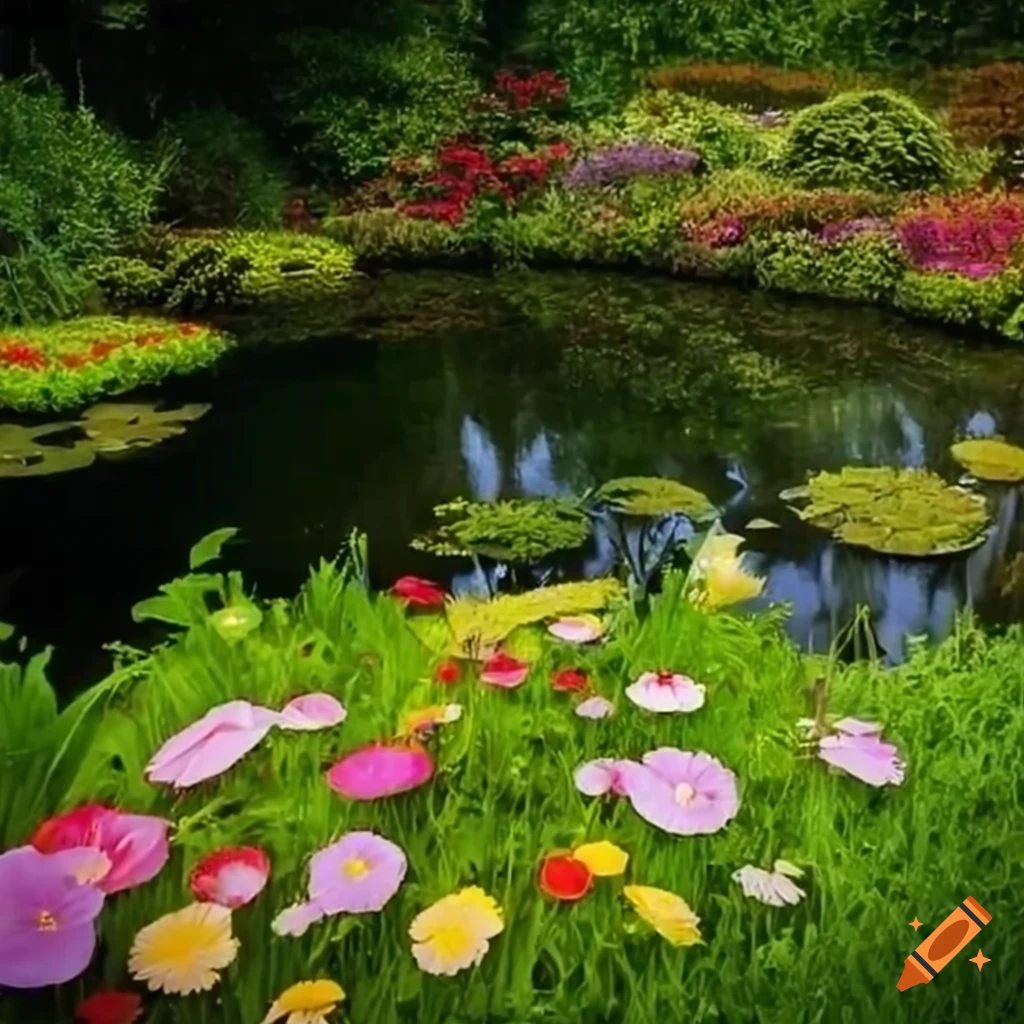 A serene garden with a small pond and vibrant flowers on Craiyon