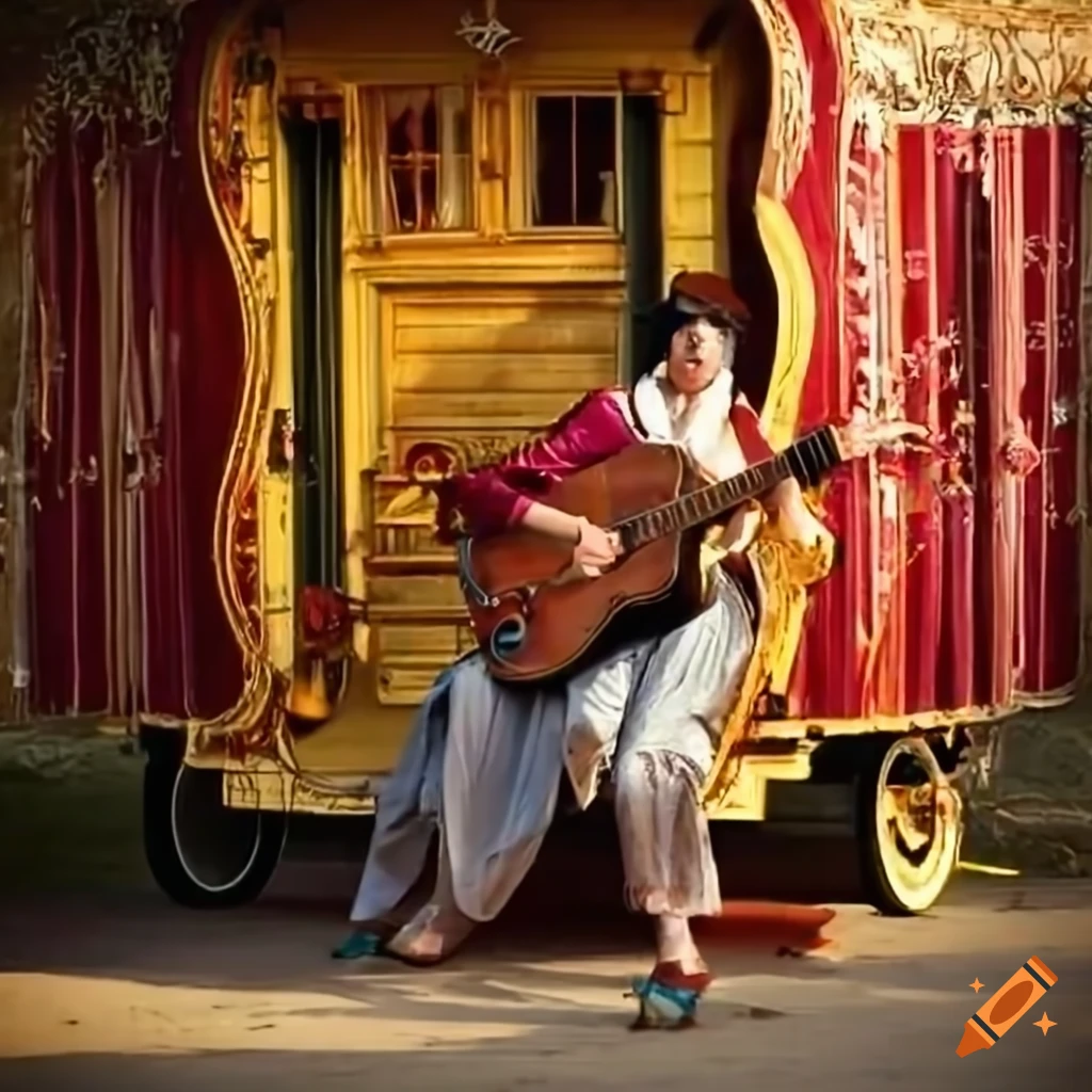 A gypsy band playing in front of in a gypsy caravan on Craiyon