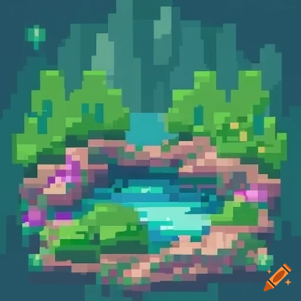 Pixel art of a magical forest with herbs and a crystal lake