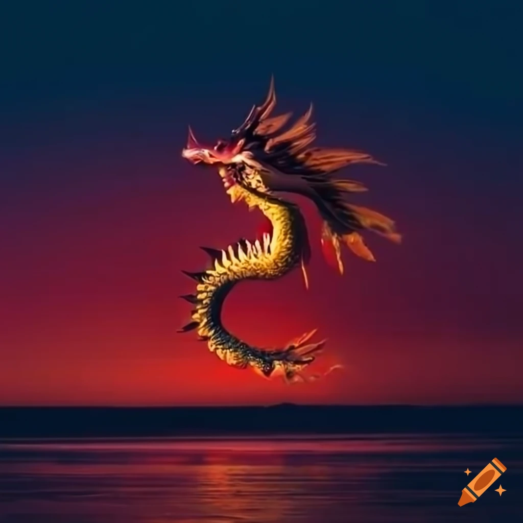 Red Chinese dragon flying above the ocean creating waves behind him due ...