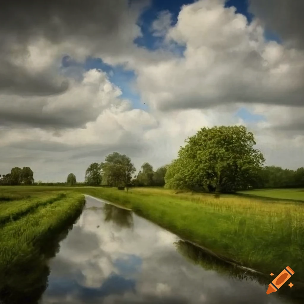 A photorealistic dutch landscape with a wide ditch, a green meadow ...