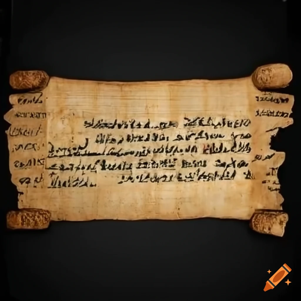 Image of a beautiful ancient ancient script inscribed into a papyrus scroll on Craiyon