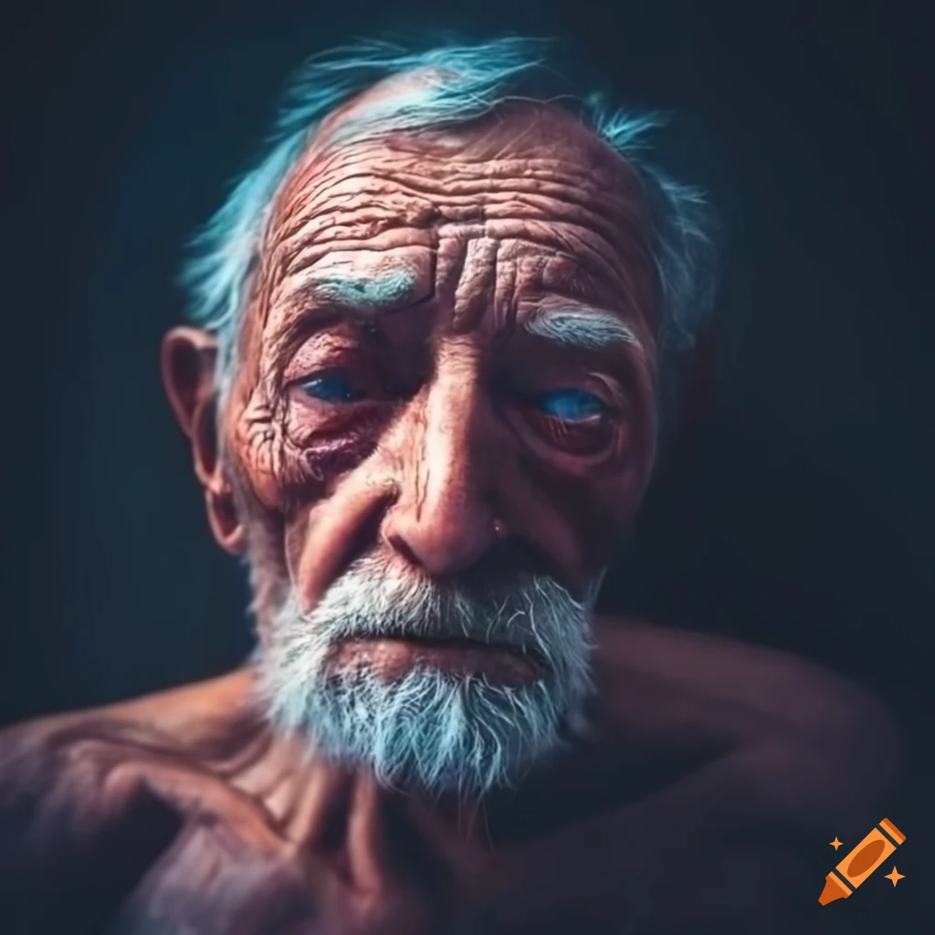 An old man with a bright blue eye, sitting on a bed, in a dark bedroom