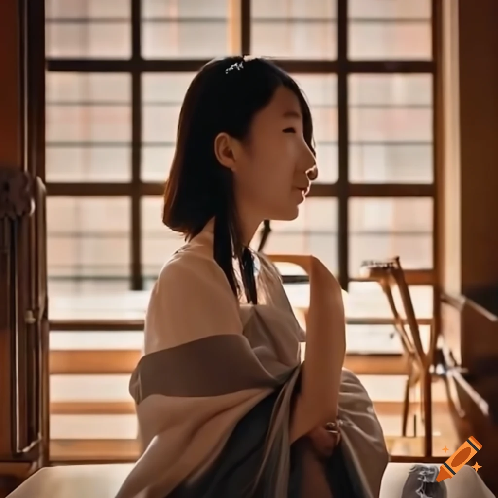 Young japanese woman, 2 meters tall, in a charming cafe