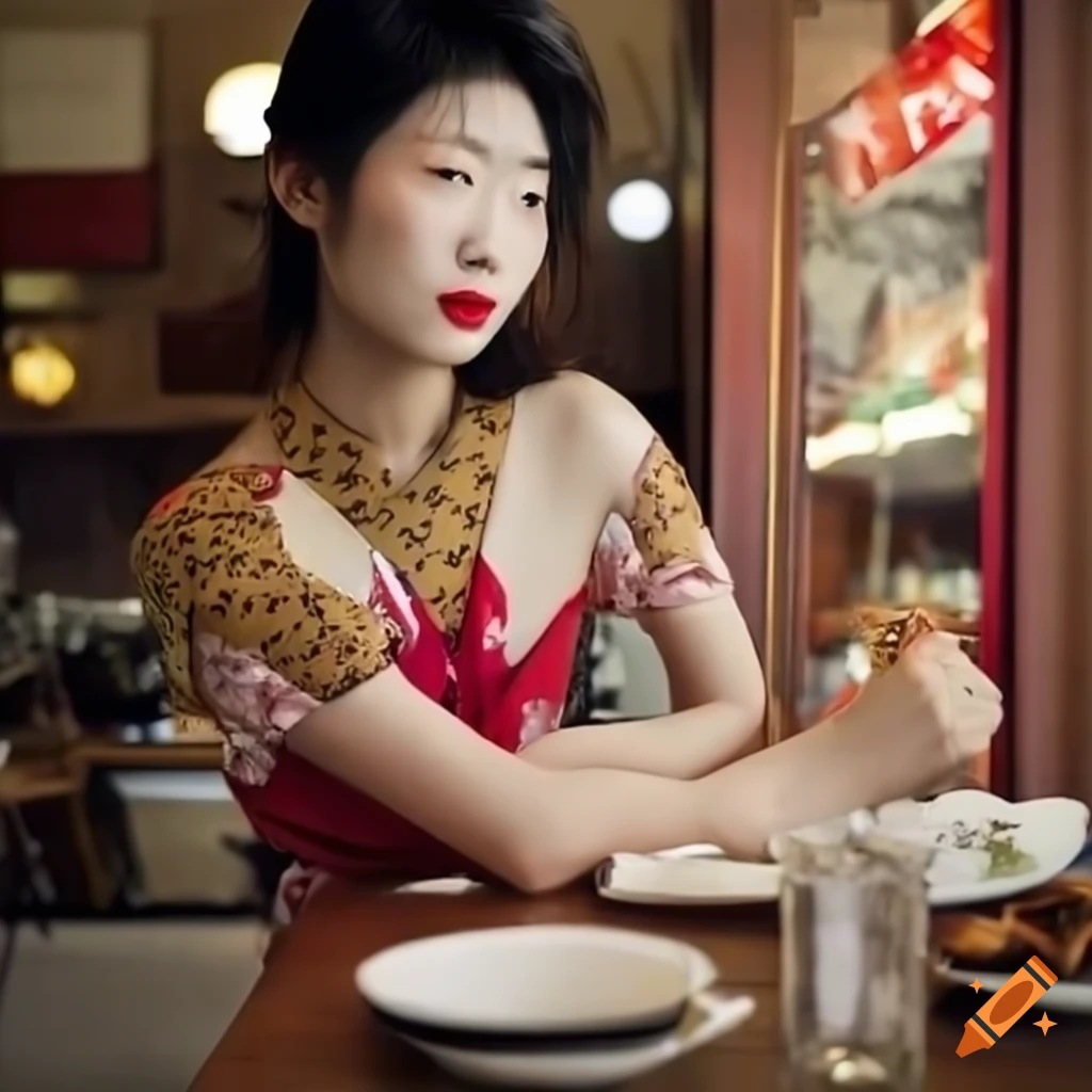Young japanese woman, 2 meters tall, in a charming cafe on Craiyon