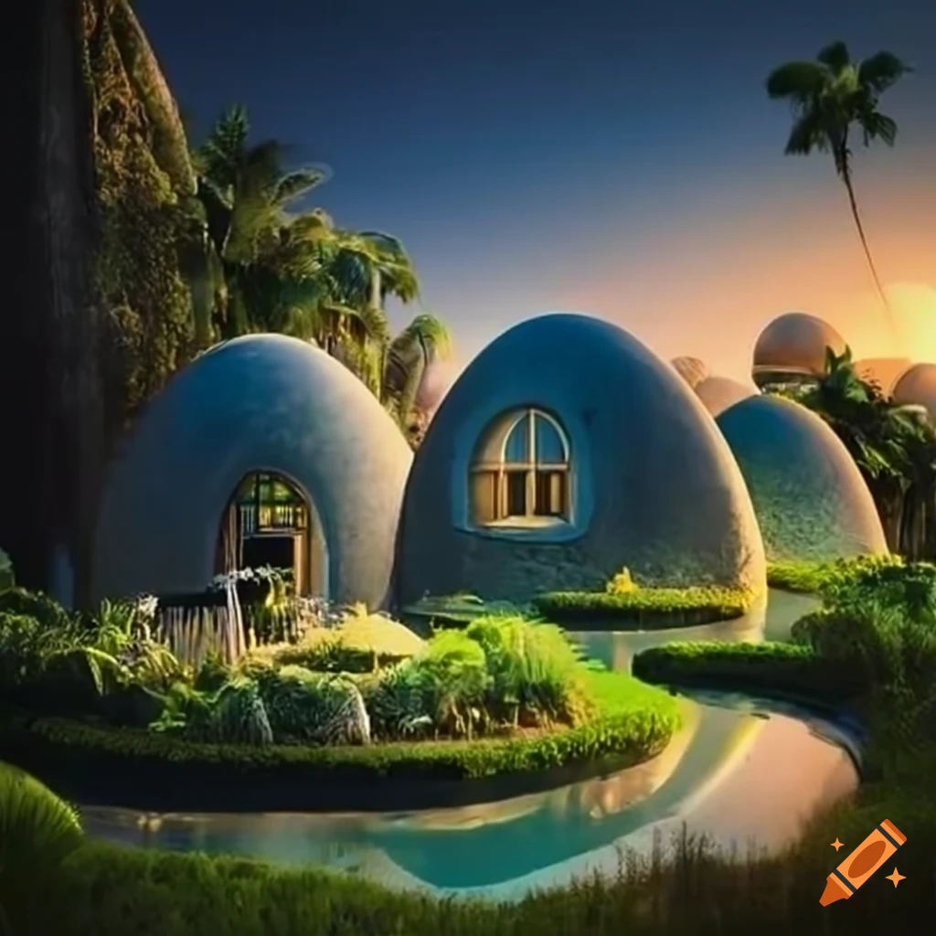 Egg-shaped houses with elaborate garden surroundings, hilly outdoor ...