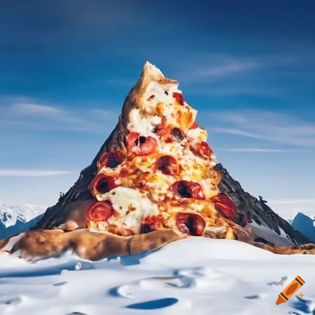 Massive pizza behind a snowy mountain peak on Craiyon