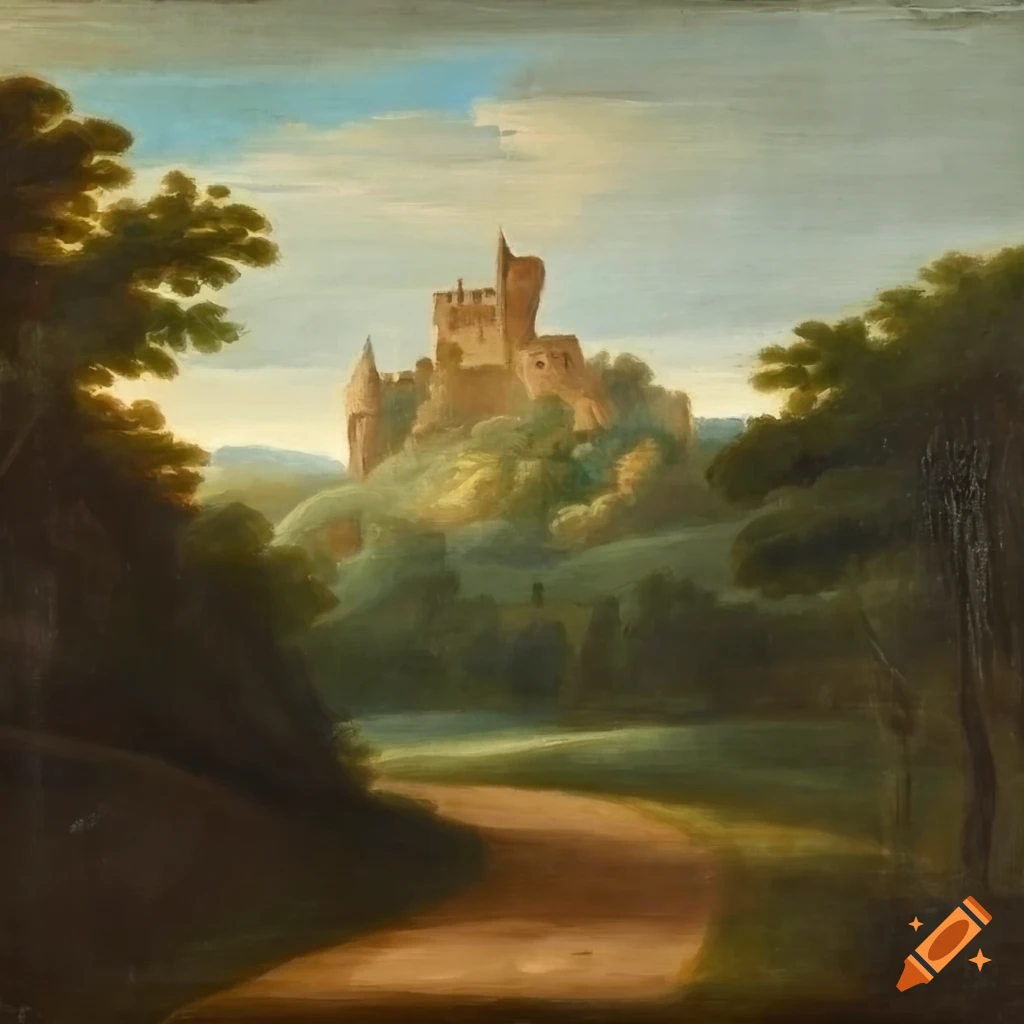 Renaissance painting of a landscape with road, trees and distant castle