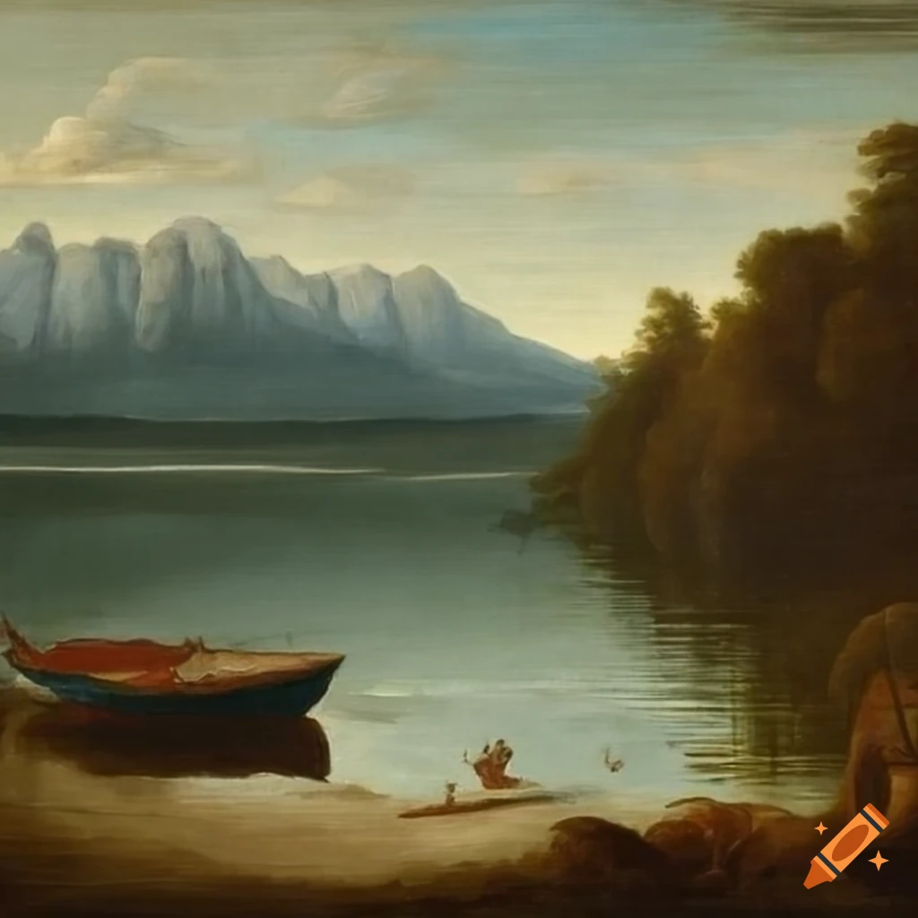 Renaissance painting of a lake and mountains at distance with boat on ...