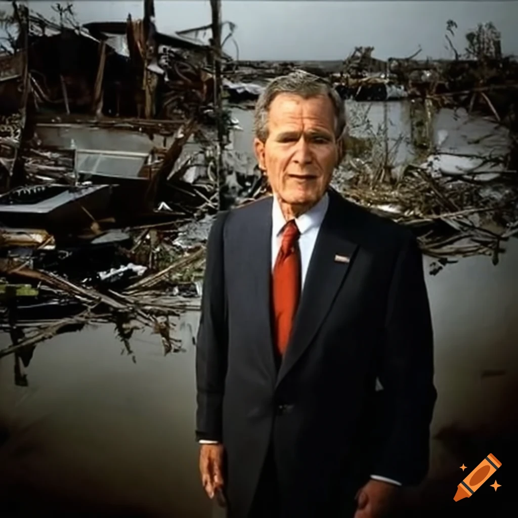 Former us president george bush standing in front of hurricane katrina ...