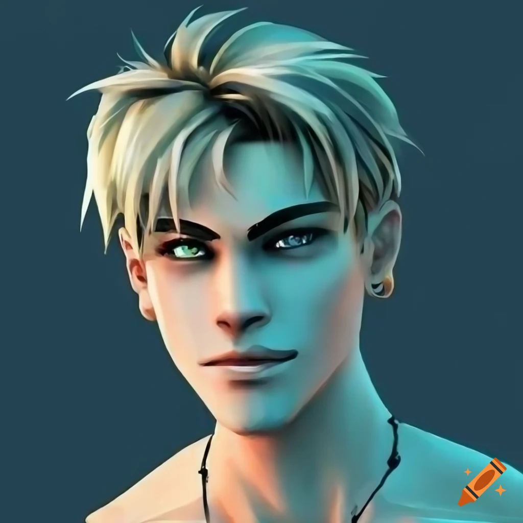 Handsome man, blonde hair, very short messy hair, green eyes, arched ...