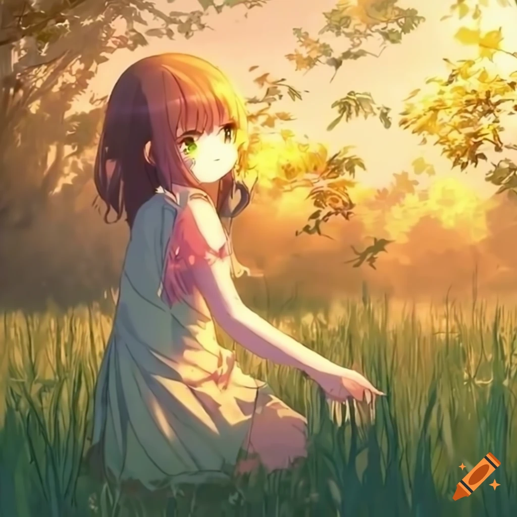 Anime girl touching grass, golden hour, 8k
