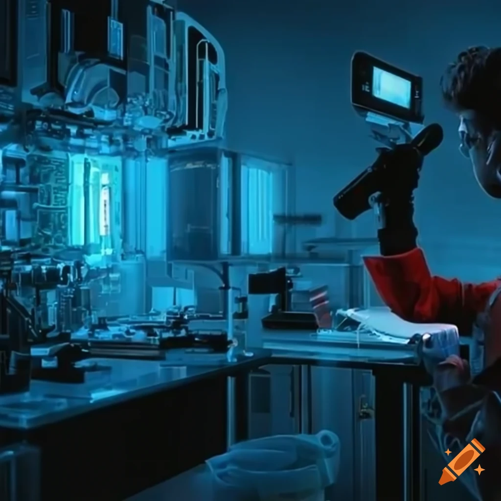 High-tech laboratory with researchers using computers and touchscreens