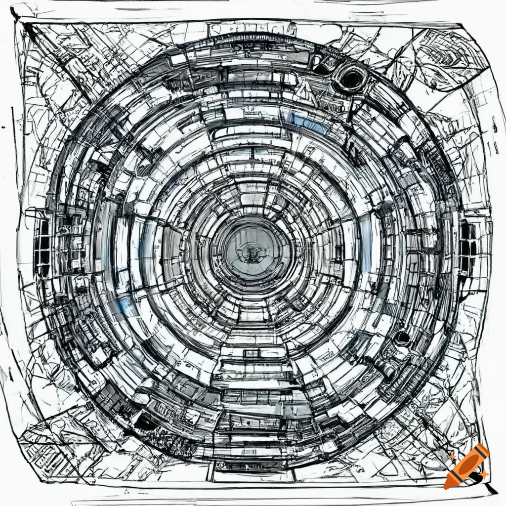 High tech circular futuristic spaceship with blueprints on Craiyon