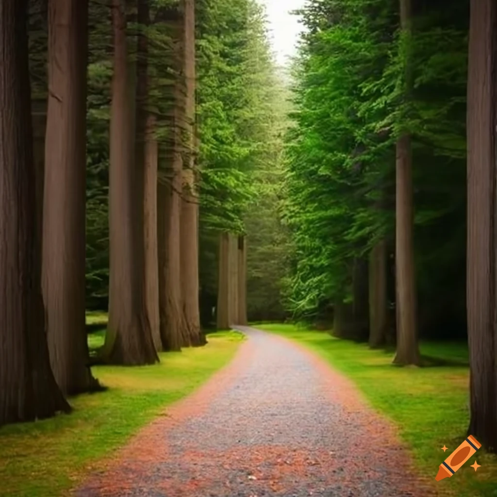 Realistic photo of path lined with cedar trees