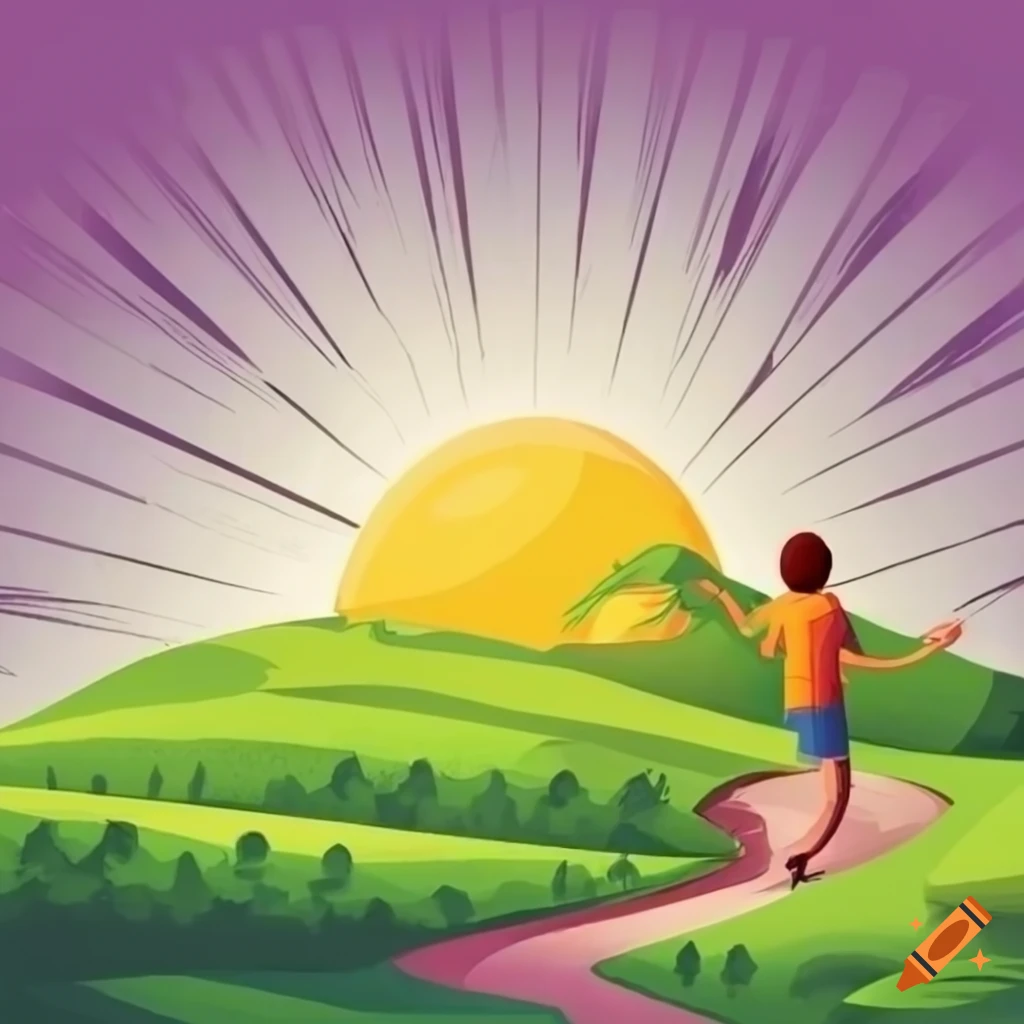 Person walking through hills into big sun cartoon style