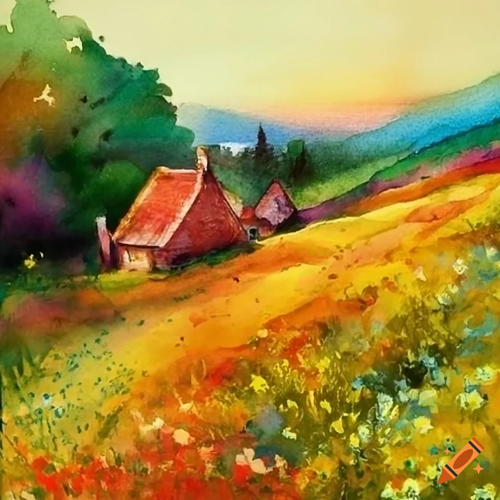 A serene countryside landscape with a charming cottage nestled among ...