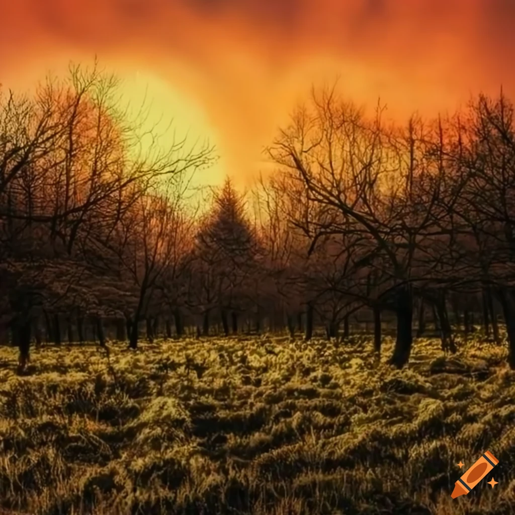 Sunset over an orchard and forest with christmas trees