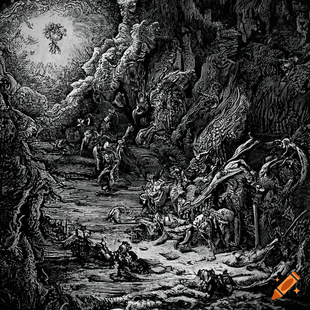 A fantasy map, detailed illustration in the style of Gustave Doré ...