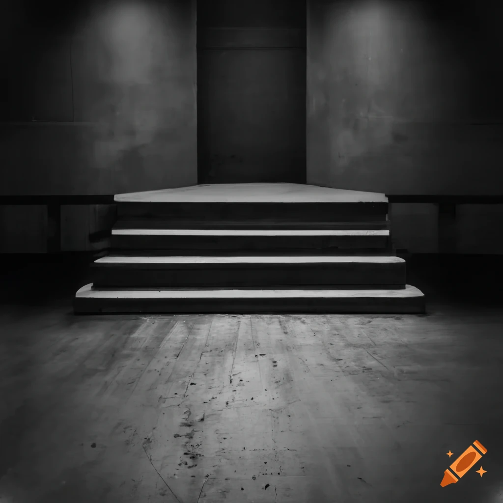 Raised performing stage with concrete hallway in background