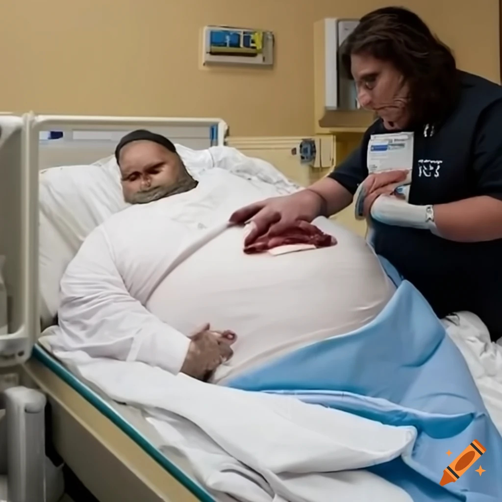 Nurse caring for an overweight man with a bib on that says kevin in ...