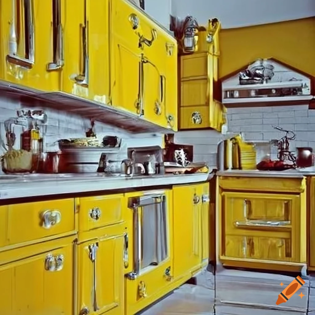 1950s style kitchen with yellow cupboard doors on Craiyon