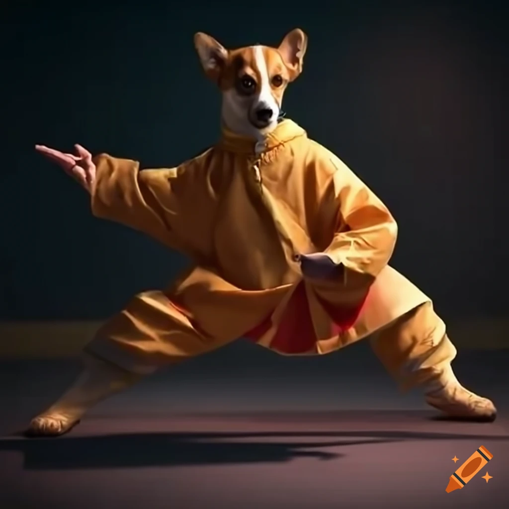 Four corgi practicing kung fu with chinese kung fu costume