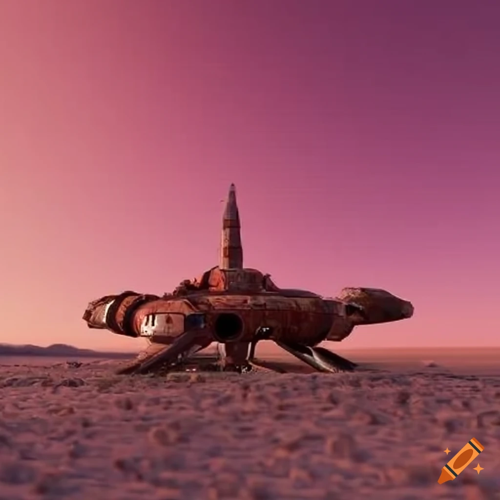 A rusting spaceship in an arid landscape under a pink sky
