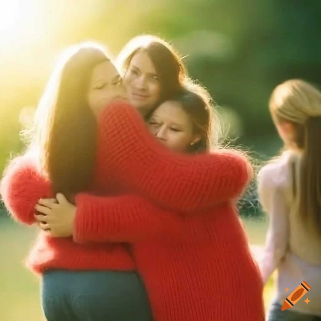 Group of women hugging in thick mohair sweaters in sunny park