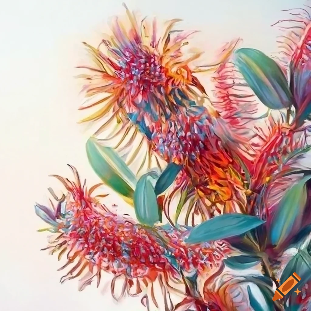 And oil painting of australian native flowers in the top right with a ...