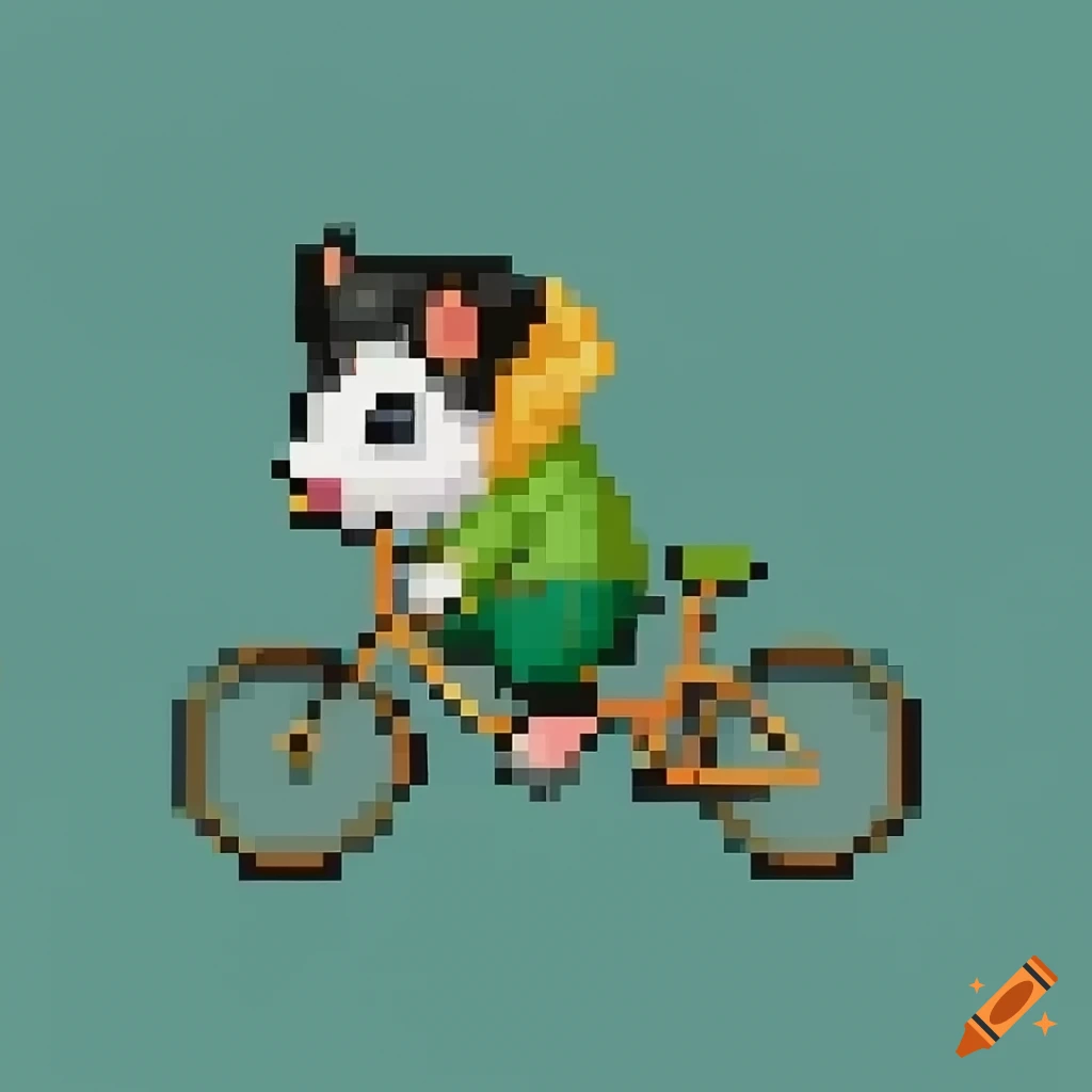 A hamster riding a bicycle, wearing a green jacket, pixel art on Craiyon