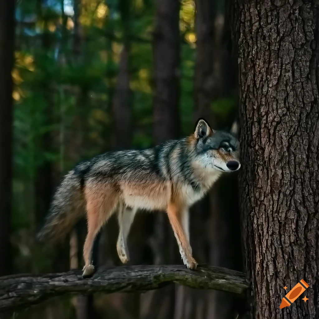 A wolf climbing a pine tree. sharp focus, wildlife photography, high ...