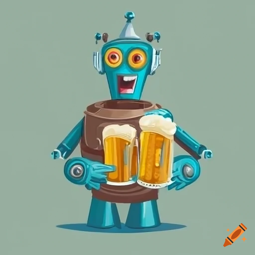 A cheerful retro-futuristic robot, holding a beer, cartoon style