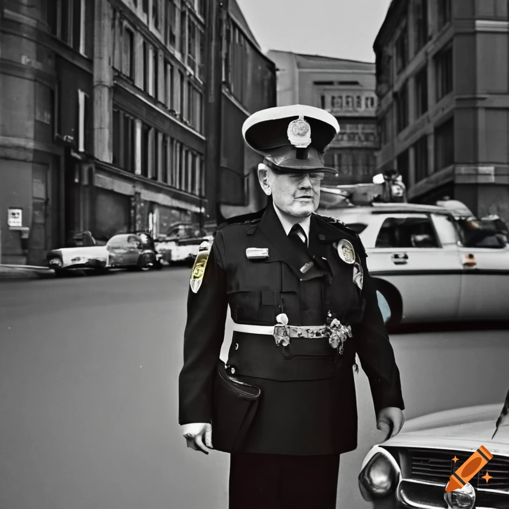 American old policeman standing behind his police car