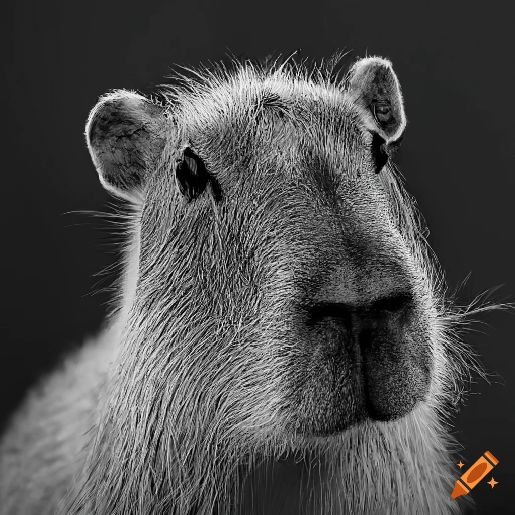 Realistic, black and white skech of capybara with proud look, with neon ...