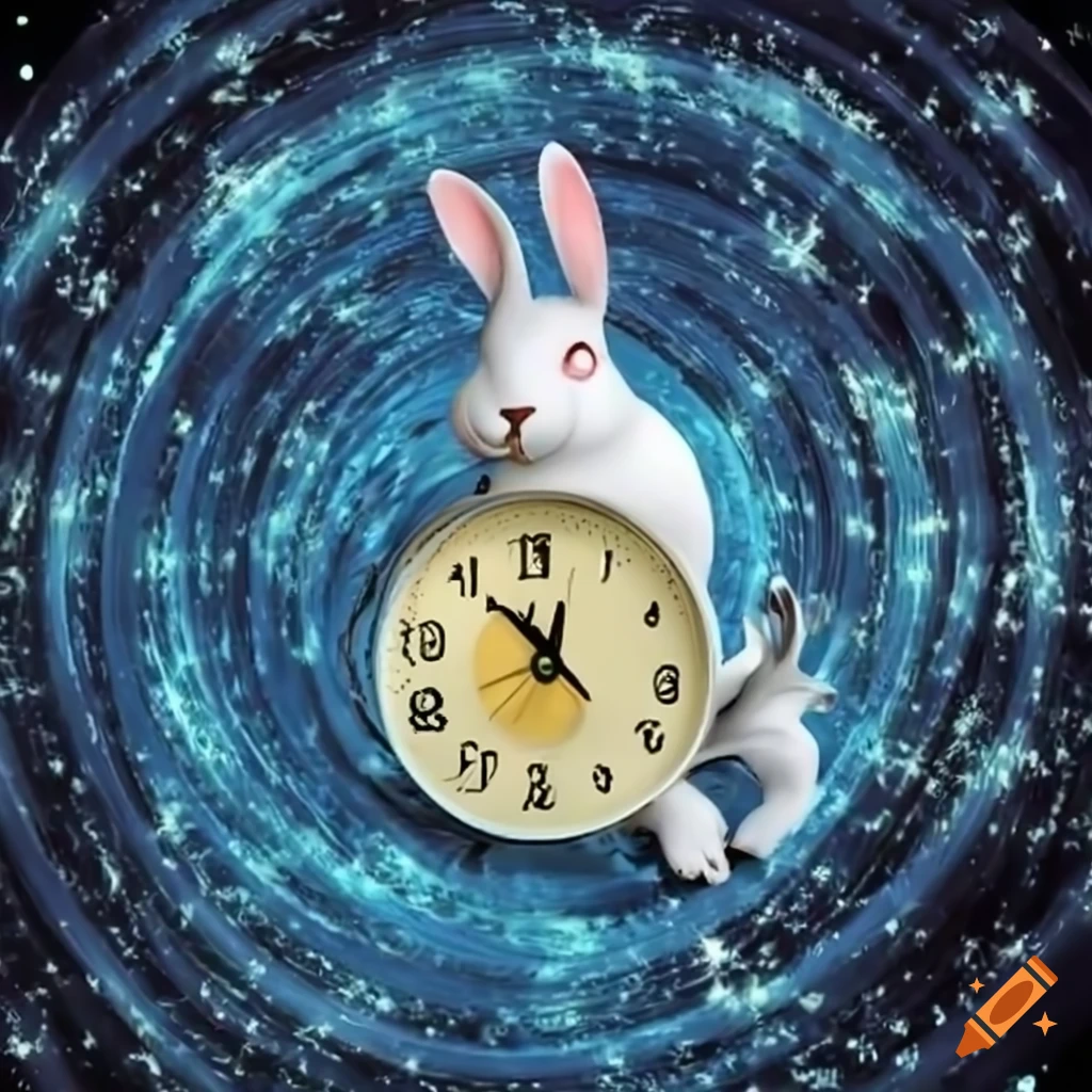 White rabbit with a clock riding on a subatomic particle