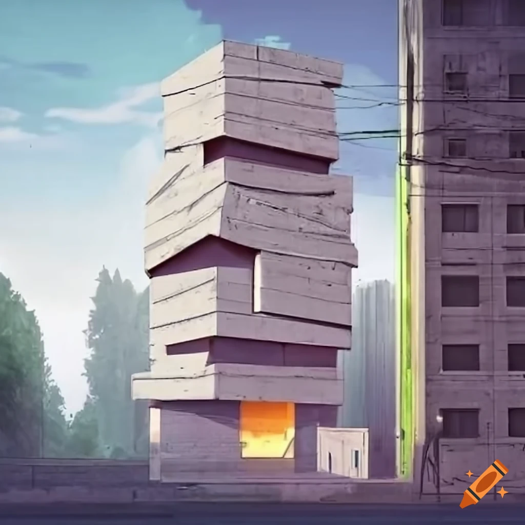 A modern concrete facade with separation on the right side with half a ...