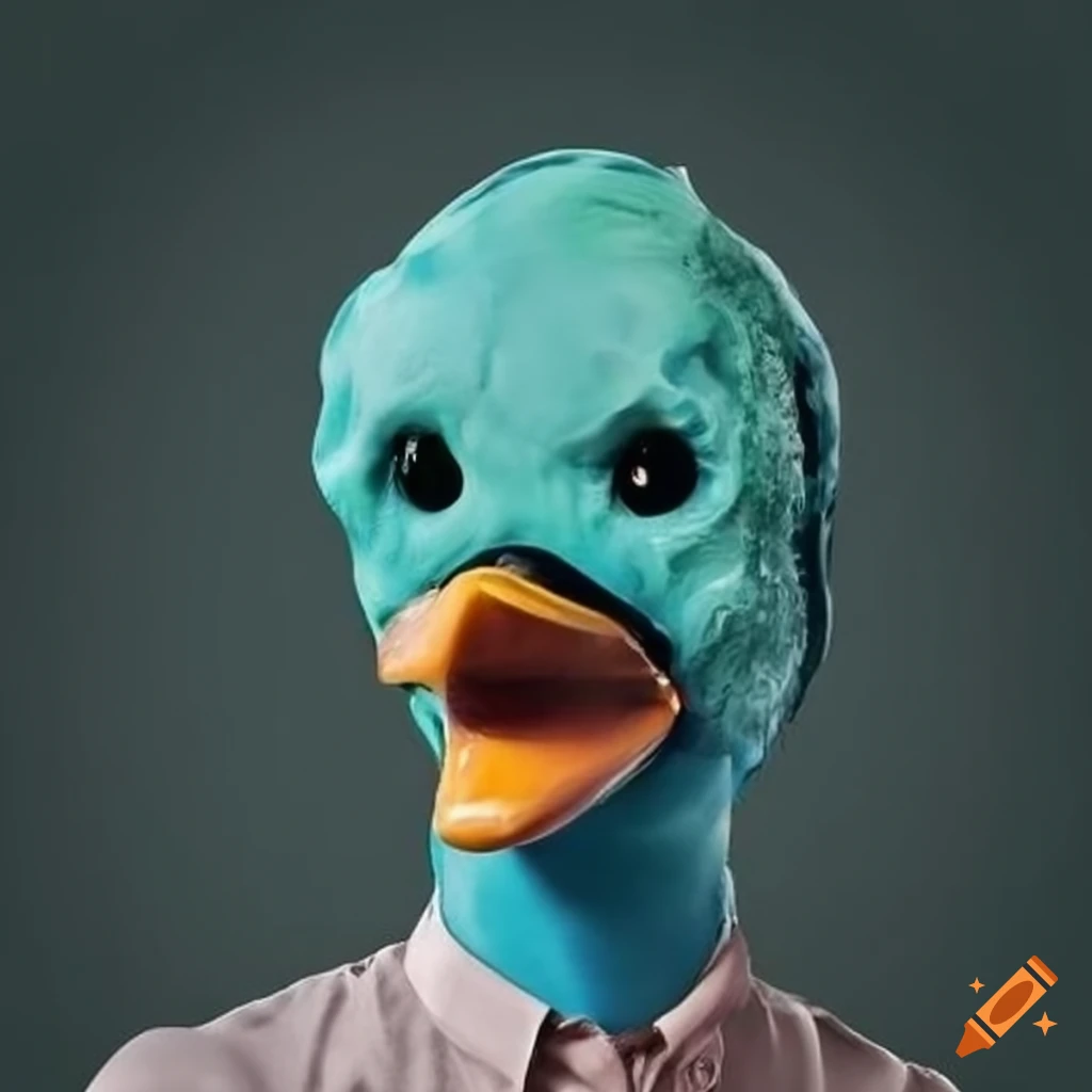 Man with cyan duck mask like paul mccartney