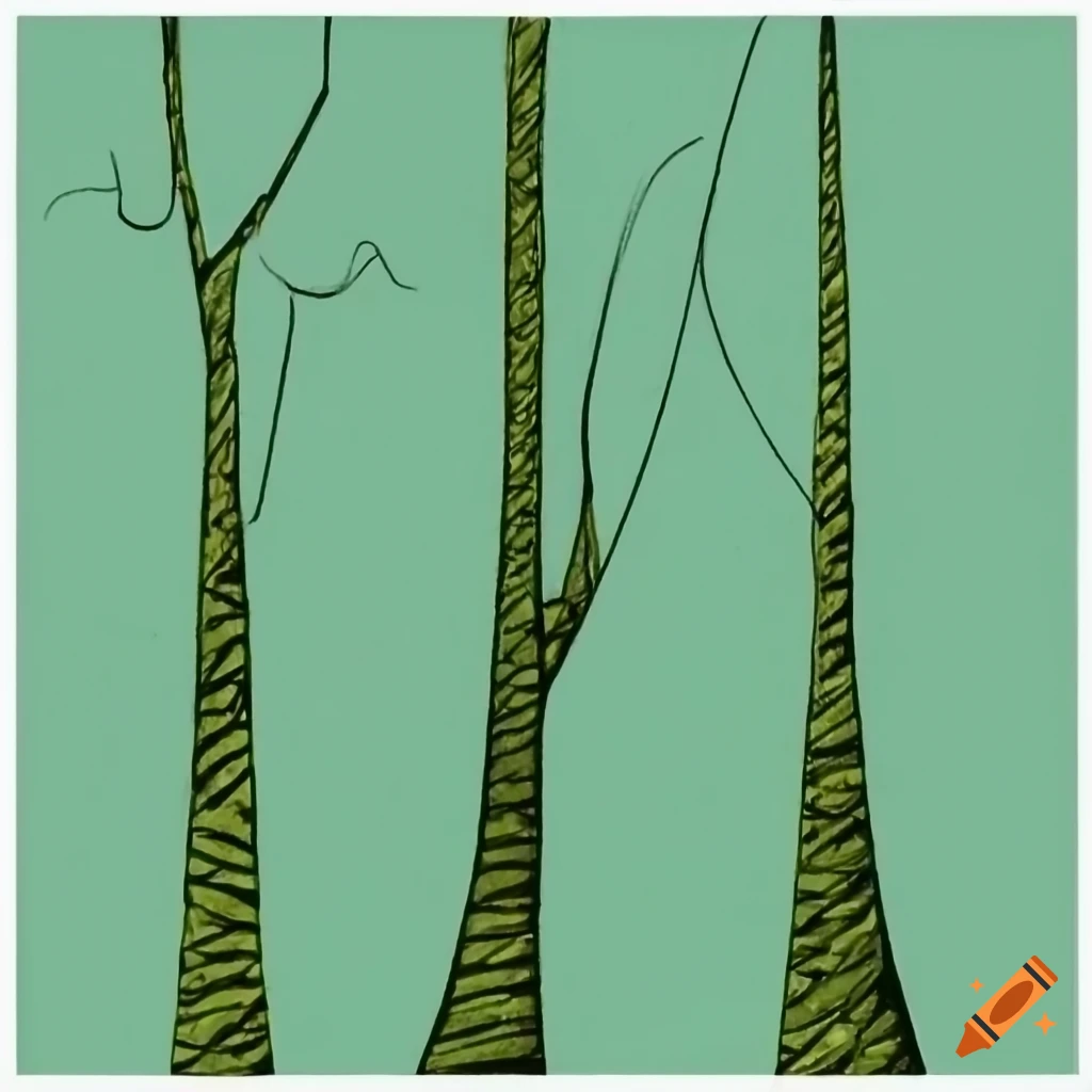 Drawing a simple figure of several trees with green branches with the ...