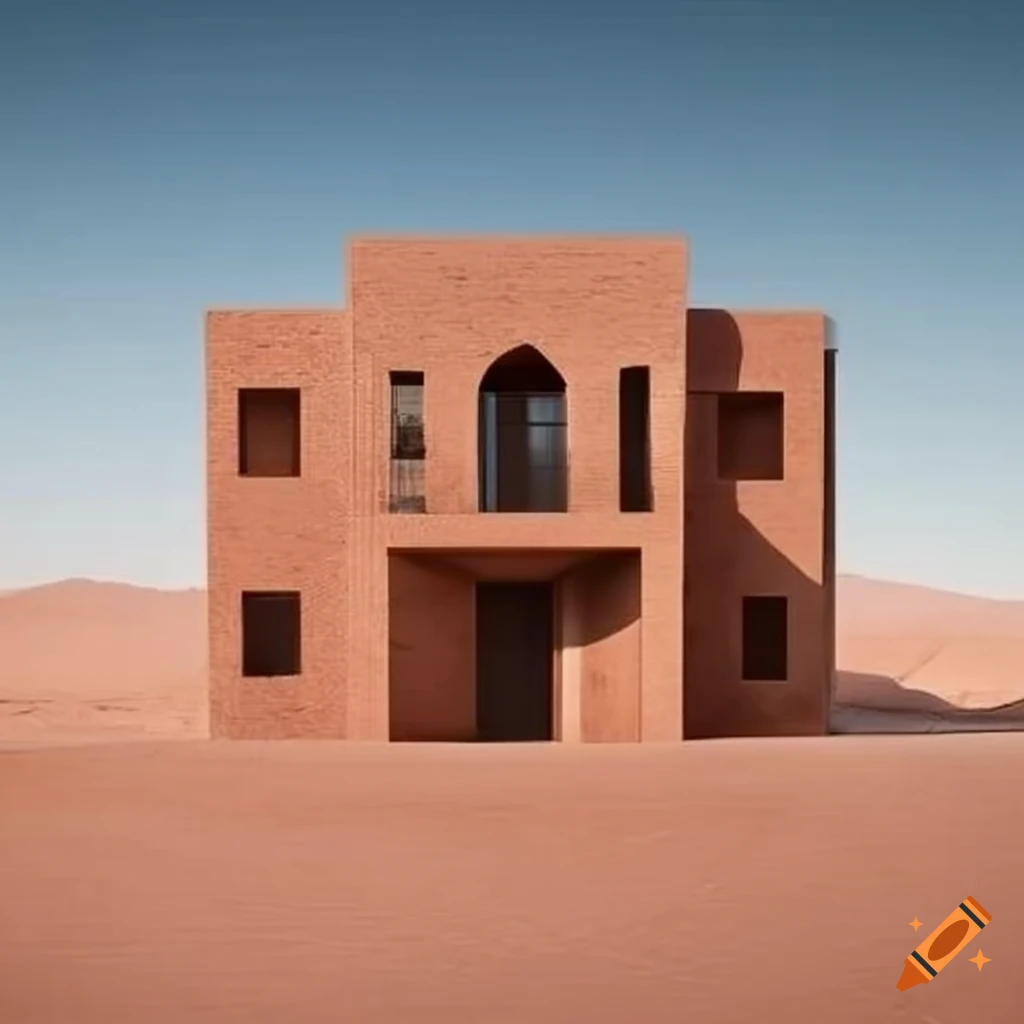 Future residential villa with traditional brick facade for Iranian desert architecture and ...